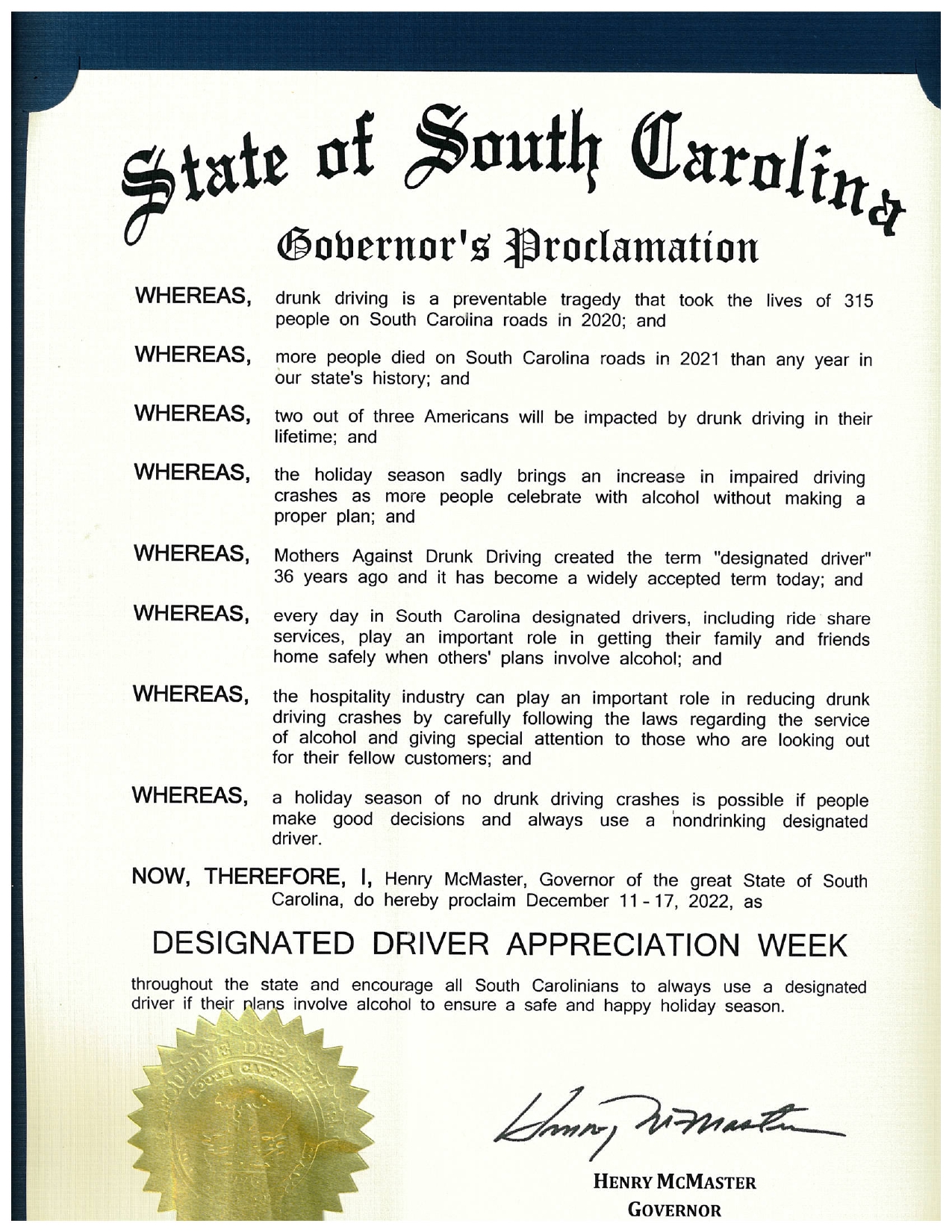 Governor McMaster Declares Designated Driver Appreciation Week ...